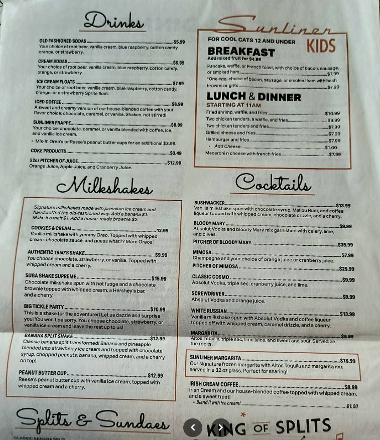 Sunliner Diner Restaurant Menu | Pigeon Forge 50s Diner
