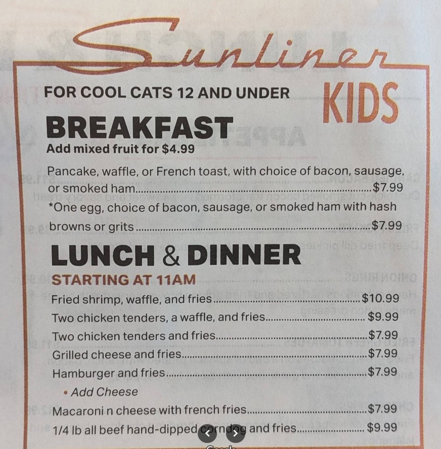 Sunliner Diner Restaurant Menu | Pigeon Forge 50s Diner